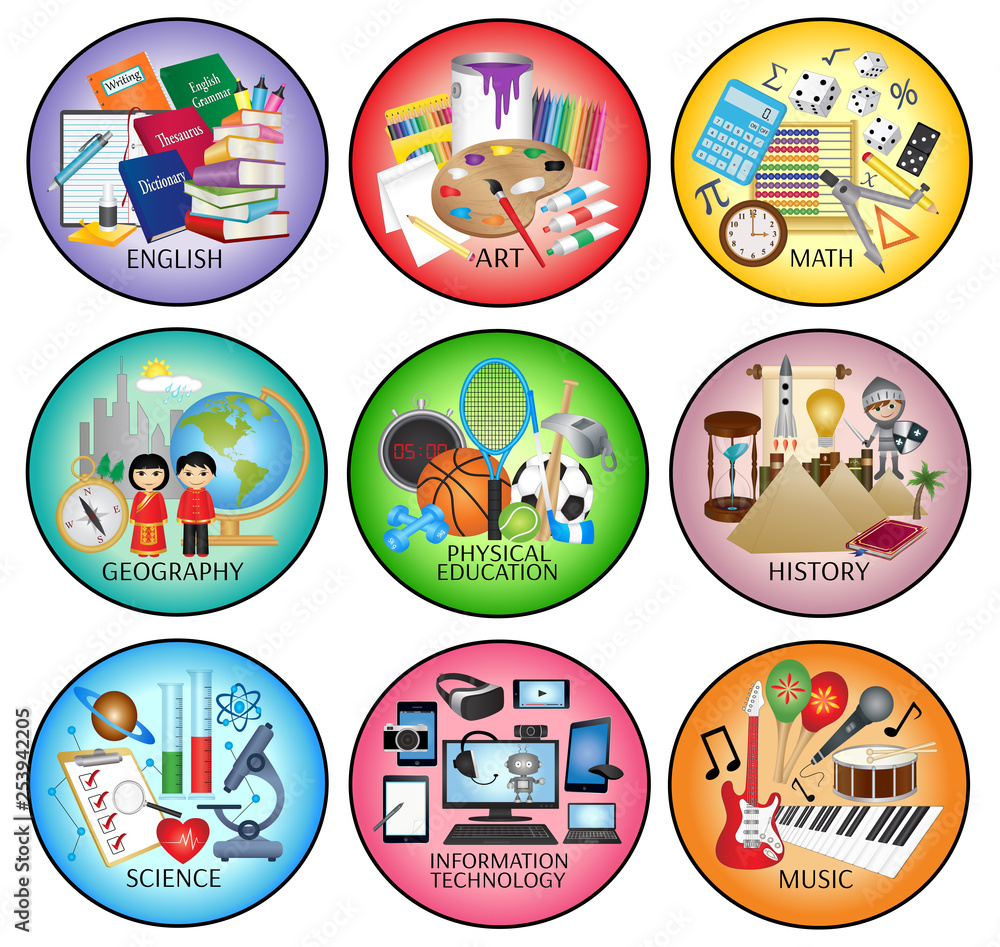 Education web icons - School subject areas - English, Art, Math ...