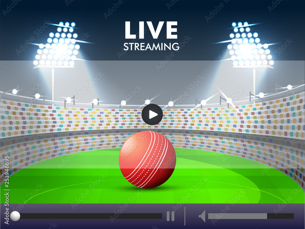 Live Streaming video play illustration with cricket ball on stadium ...