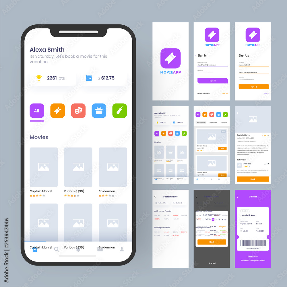 Online Movie App UI Kit for responsive mobile app or website with different GUI layout including ...