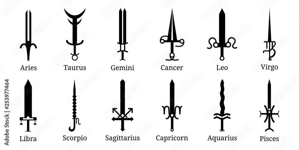 Set of 12 Zodiac Swords Icon. Zodiacal Weapon Collection: Aries, Taurus ...