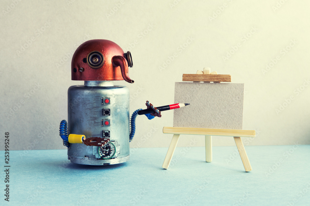 Artificial intelligence robotic concept. Funny robot artist begins to ...
