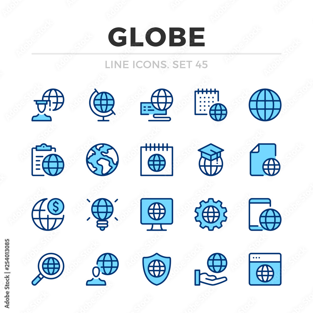 Globe vector line icons set. Thin line design. Outline graphic elements ...