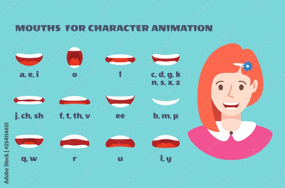 Mouth sync. Girl face with lips talking expression. Articulation and ...