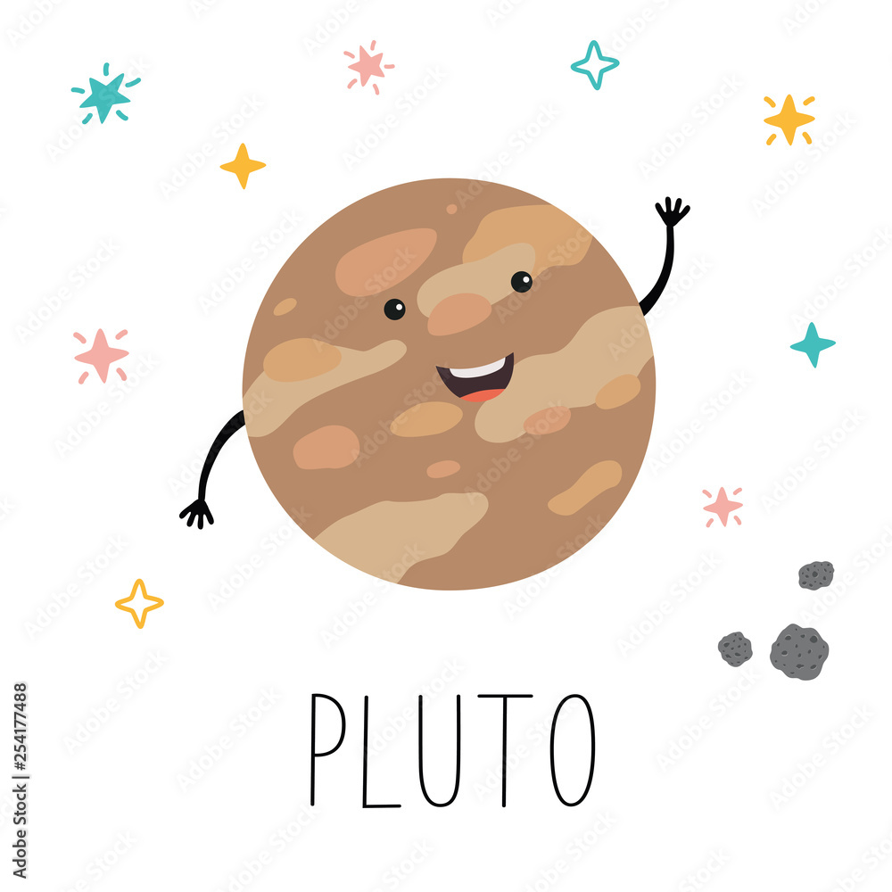 Vector cartoon funny illustration of planet smiling happy Pluto in flat cartoon style on space ...