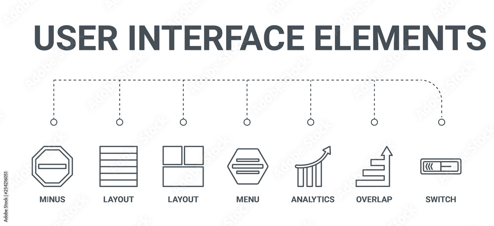 simple set of 7 line icons such as switch, overlap, analytics, menu ...