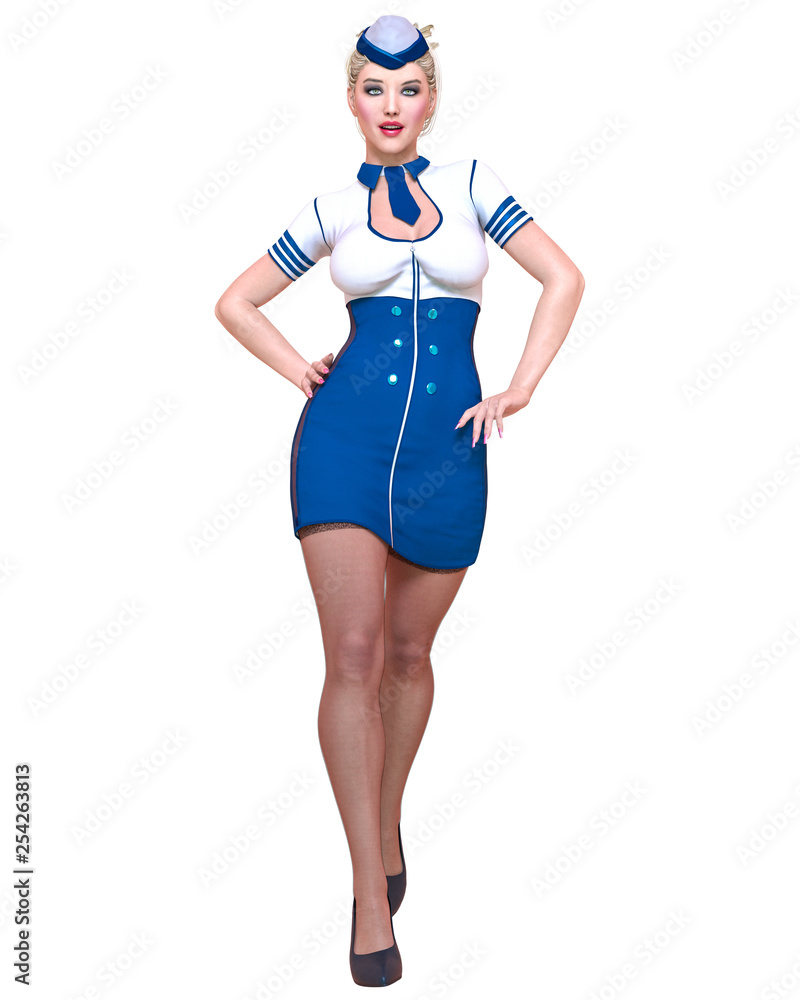 Beautiful woman Stewardess.Air hostess flight girl.Short white and blue ...