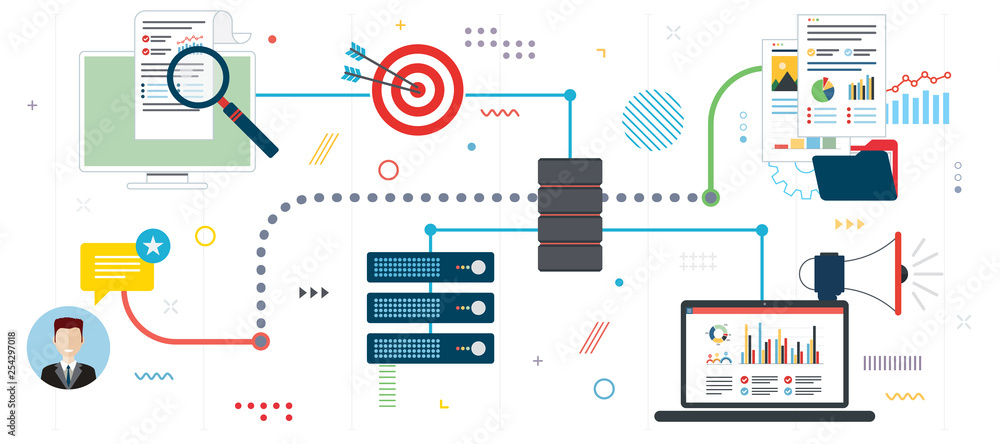 Business intelligence, network computers, cloud computing and data network. Laptop accessing ...