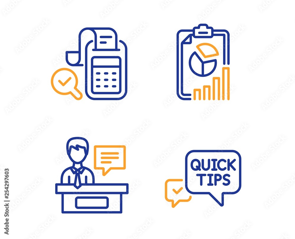 Bill accounting, Exhibitors and Report icons simple set. Quick tips ...