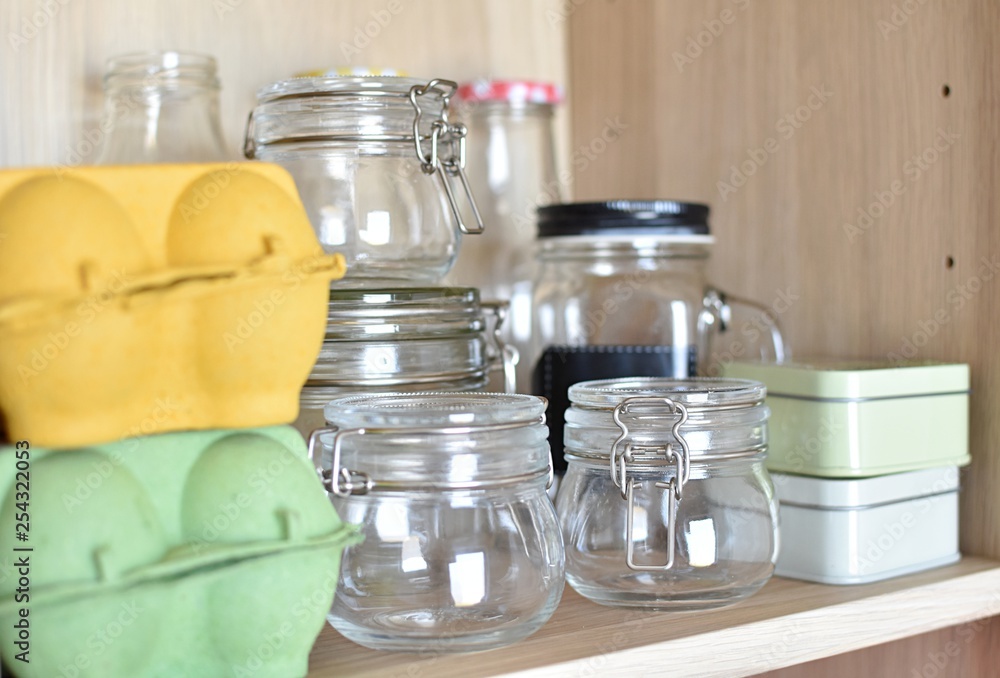Empty glass jars, containers, bottles, eggs boxes for zero waste ...