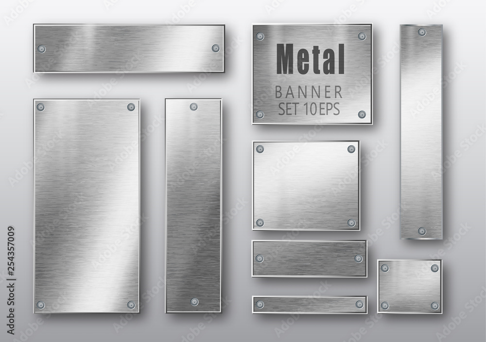 Metal banners set realistic. Vector Metal brushed plates with a place ...