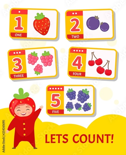 Kids learning material. Card for learning numbers. Number 1-5. Cartoon ...