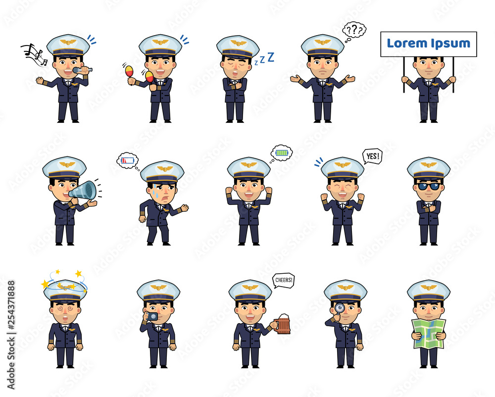 Set of airline pilot characters showing various actions, emotions ...