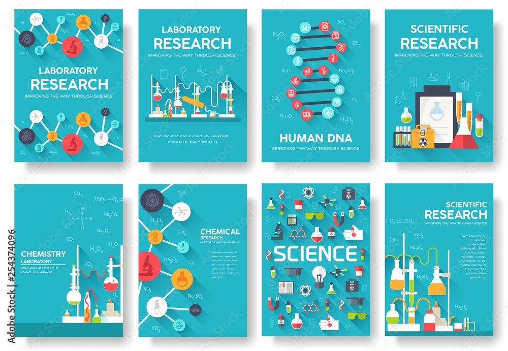 Science information cards set. laboratory template of flyear, magazines ...