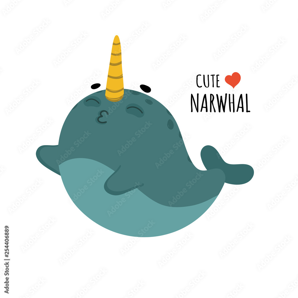 Сute cartoon narwhal on white background. Isolated vector illustration ...