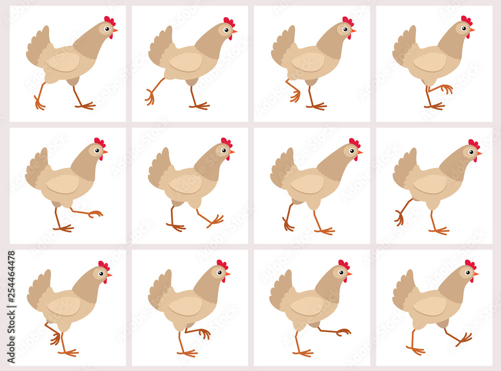 Walking light brown hen animation sprite sheet isolated on white ...
