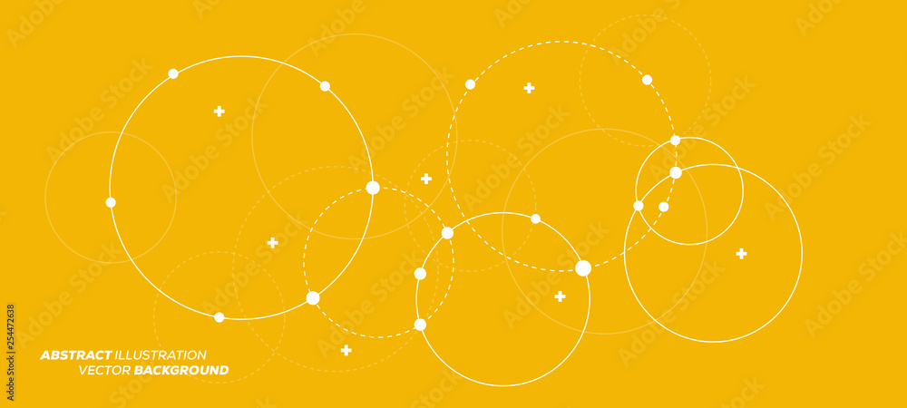 Abstract vector illustration with overlapping circles, dots and dashed circles. Science and ...
