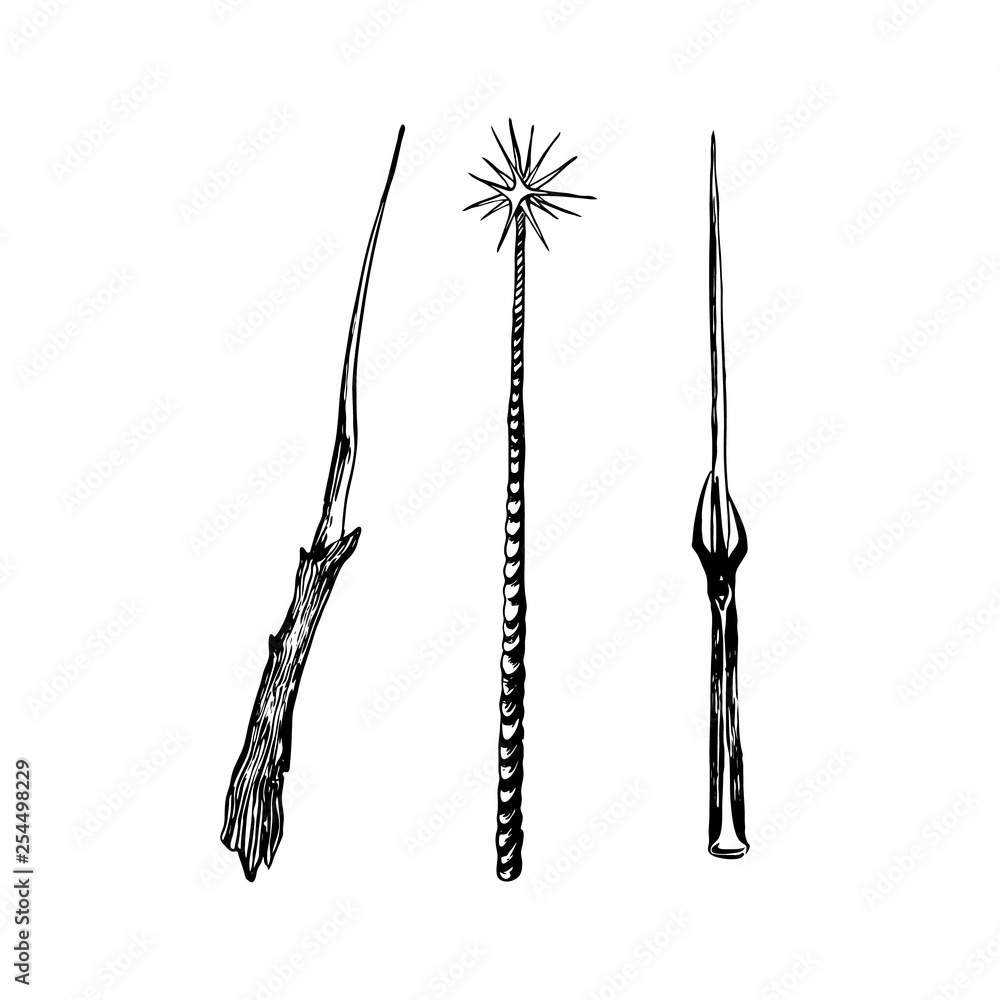 Set of magic wands. Hand drawn sketch illustration. Vector black ink ...