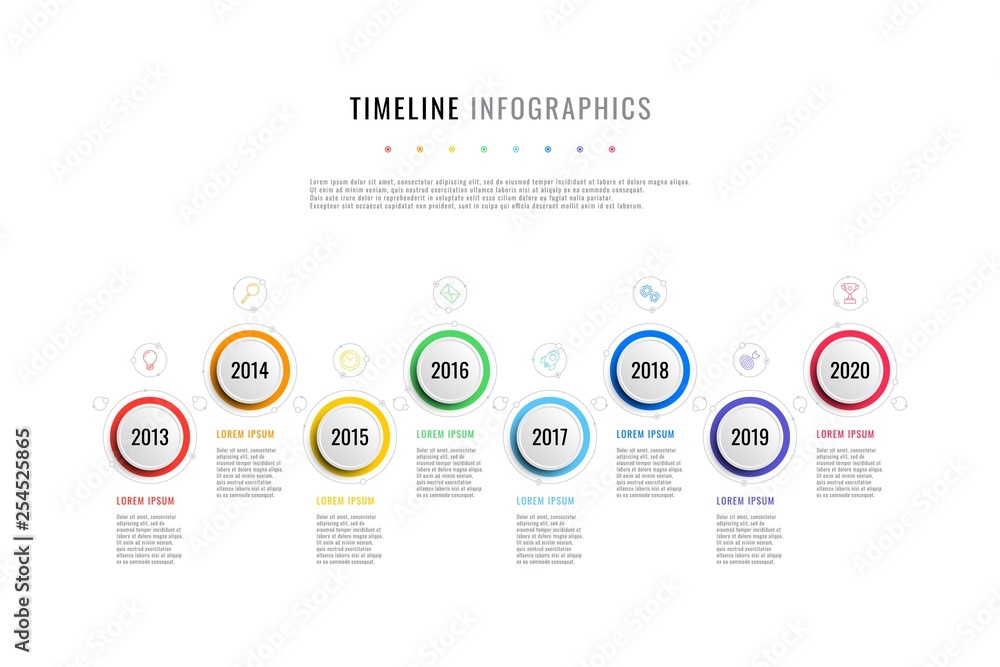 Horizontal Business Timeline With 8 Round Elements Year Indication And Text Boxes On White