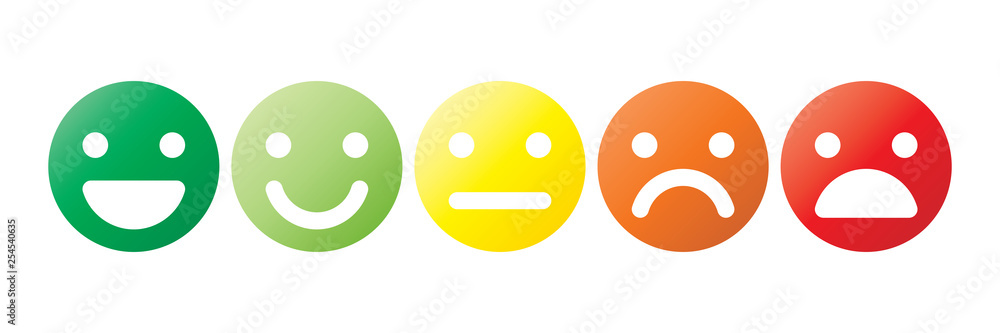 Basic emoticons set. Five facial expression of feedback scale - from ...