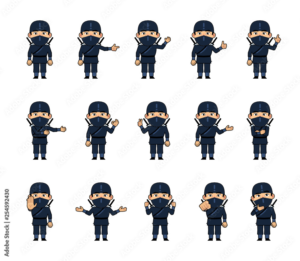 Set of chibi ninja characters showing diverse hand gestures. Funny ...