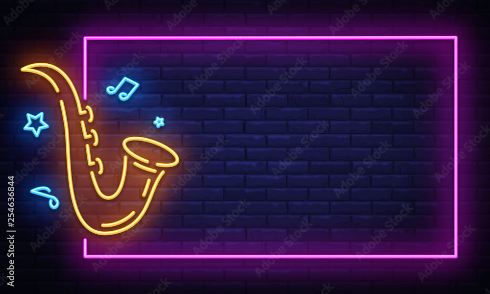 Jazz Music Neon Signboard in Frame Vector. Live music neon sign, design ...