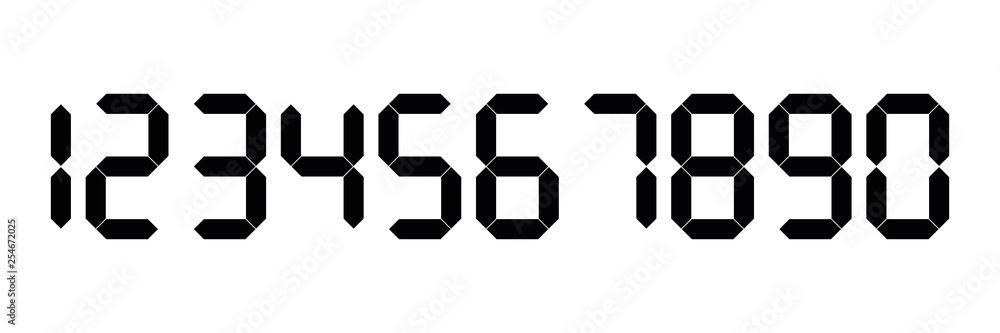 Black digital numbers. Seven-segment display is used in calculators ...