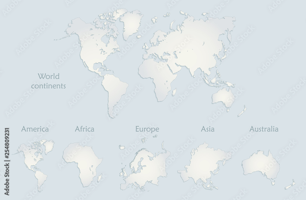 World continents map, collection America, Europe, Africa, Asia, Australia, blue white paper ...