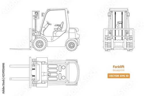 Outline blueprint of forklift. Top, side and front view. Hydraulic ...