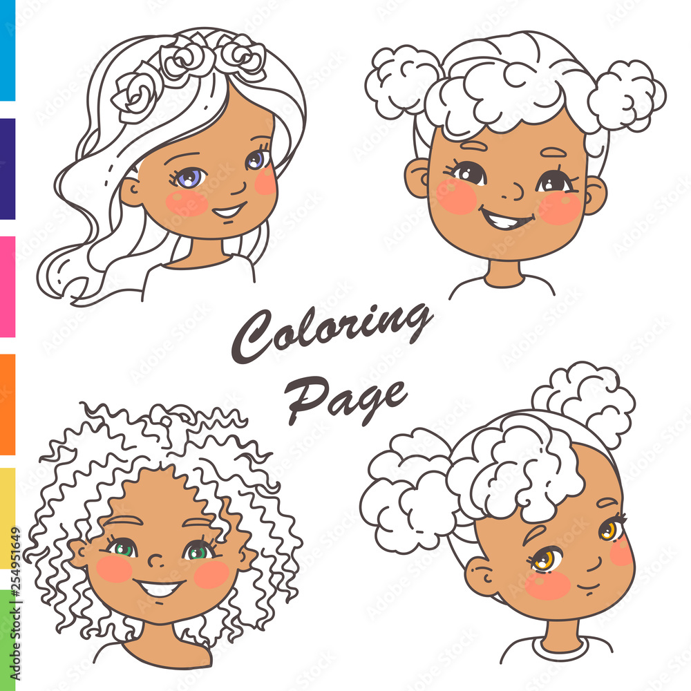Coloring page. Young girl portraits with different hairstyles Outline ...