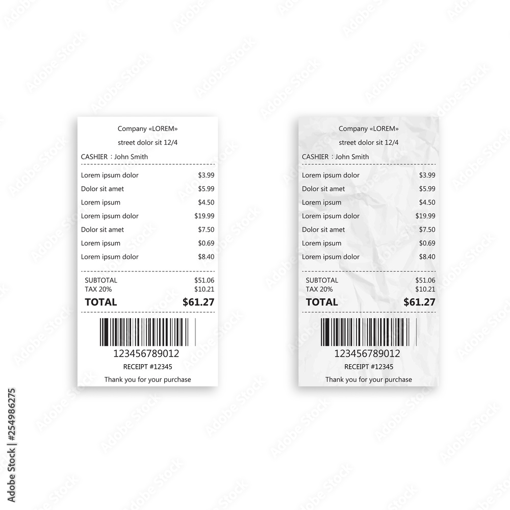 Realistic paper shop receipt with barcode. Payment paper bills for cash ...