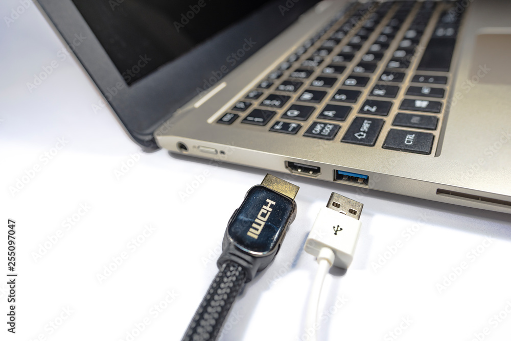 Left side view of Modern slim design laptop with usb and hdmi port and ...