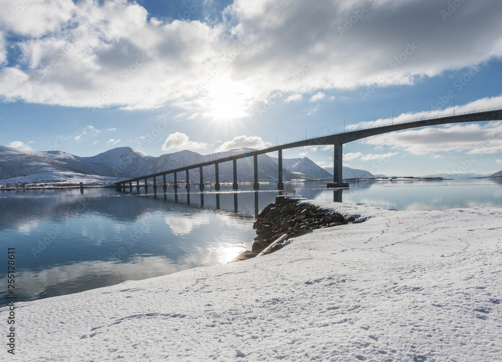 Andøy Bridge here in village of Risøyhamn.is a cantilever road bridge ...