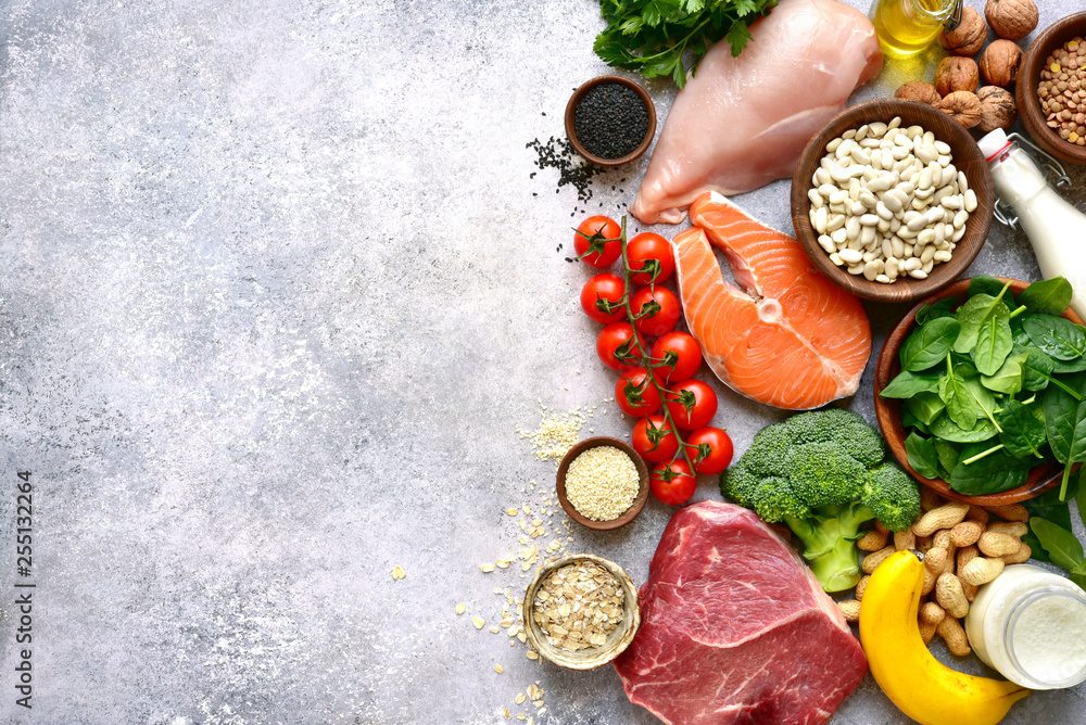 Assortment of healthy protein sources and body building food : meat ...