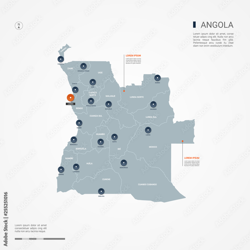 Angola with borders, cities, capital Luanda and administrative ...