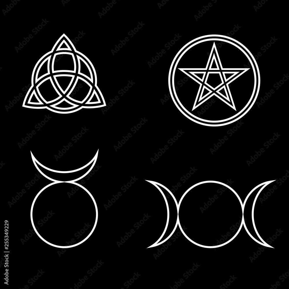 Wicca and pagan symbols. Illustration of a pentagram, triquetra, the ...