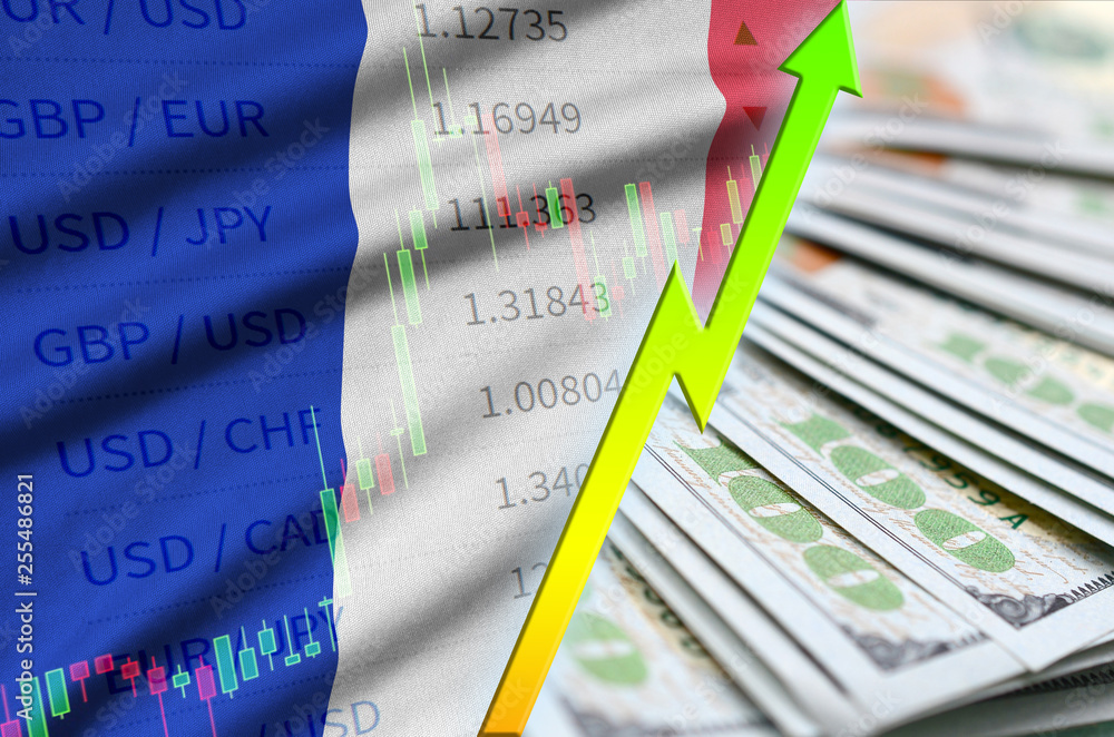 France flag and chart growing US dollar position with a fan of dollar ...