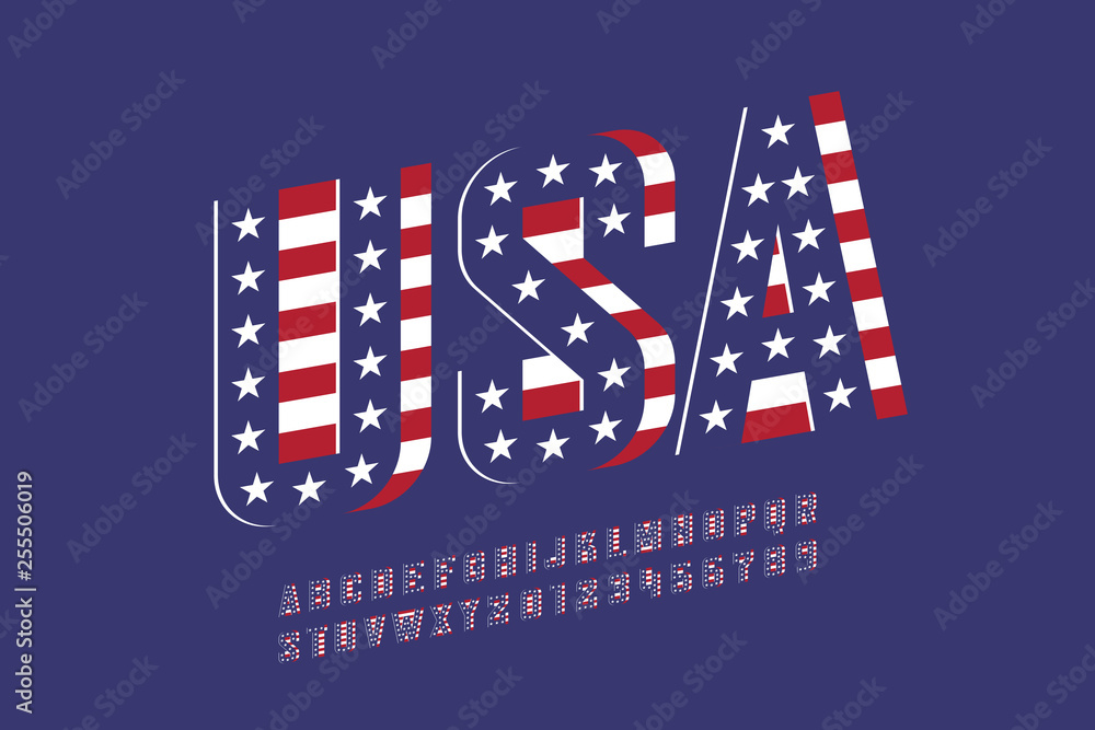 USA national flag style font, alphabet letters and numbers Stock Vector ...