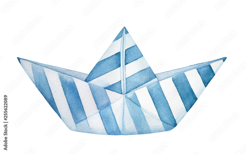 Little decorative folded paper boat decorated with blue stripes pattern ...