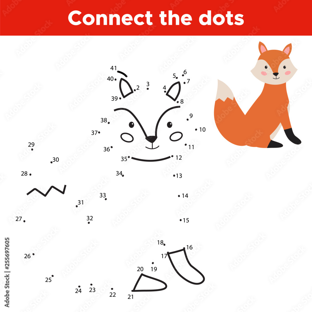Dot to dot game, numbers game for children. Cartoon vector fox. Forest ...