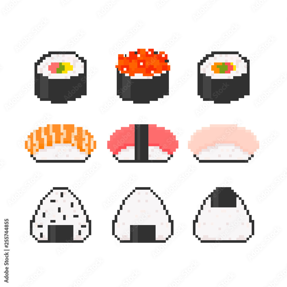 Various tasty sushi. Pixel art. Hand drawn trendy illustration. Flat ...