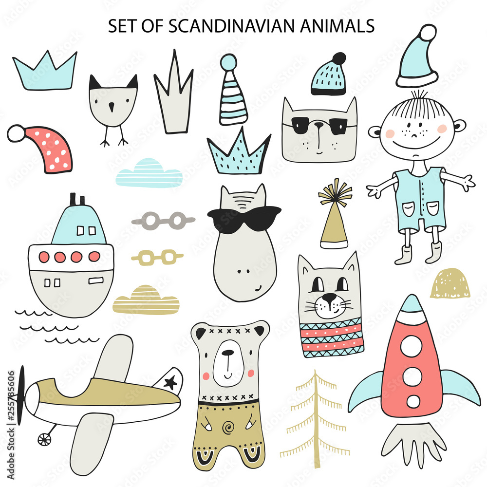 Big set of diferent cartoon animals. Cute handdrawn kids clip art ...