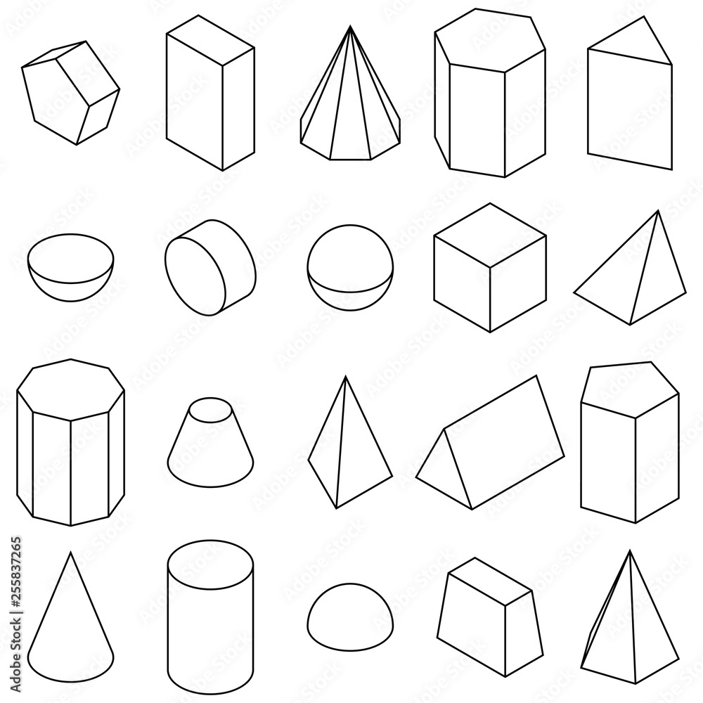 Set of 3D geometric shapes. Isometric views. Outline. Vector ...