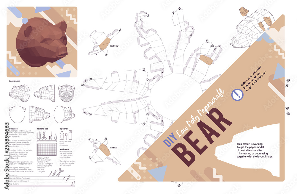 DIY papercraft bear head. Make your own 3D low poly handicraft, hunting ...