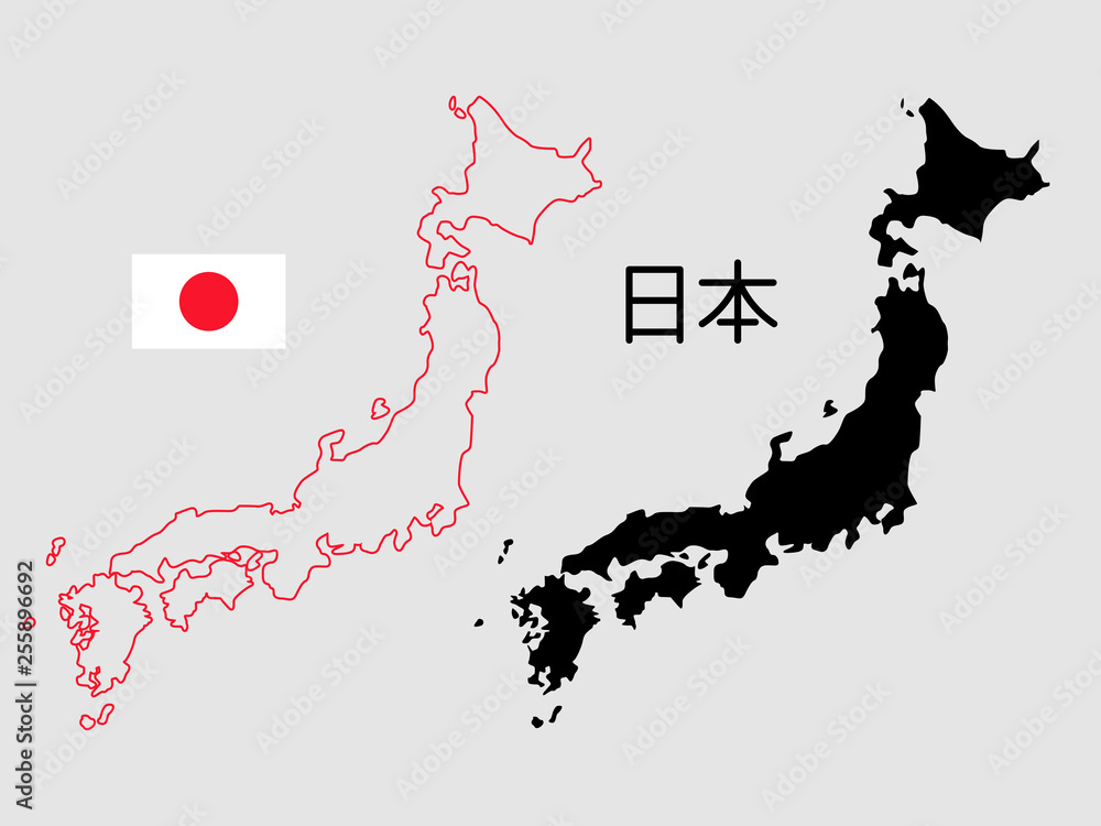 Japan map outline and silhouette vector illustration. Japan silhouette ...