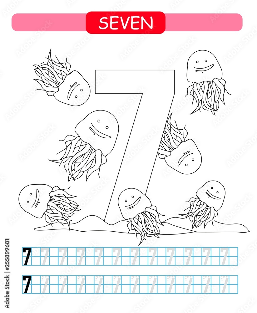 Seven. Learning number 7. Coloring printable worksheet for kindergarten ...