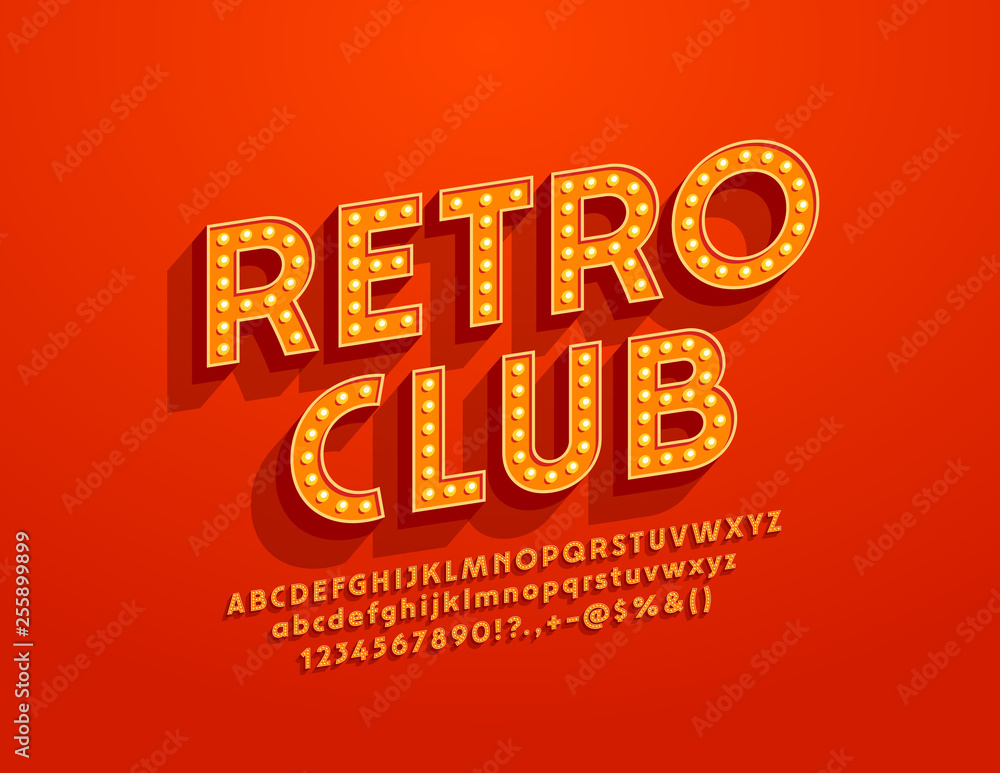 Vector bright logotype Retro Club with illuminated Font. Vintage ...