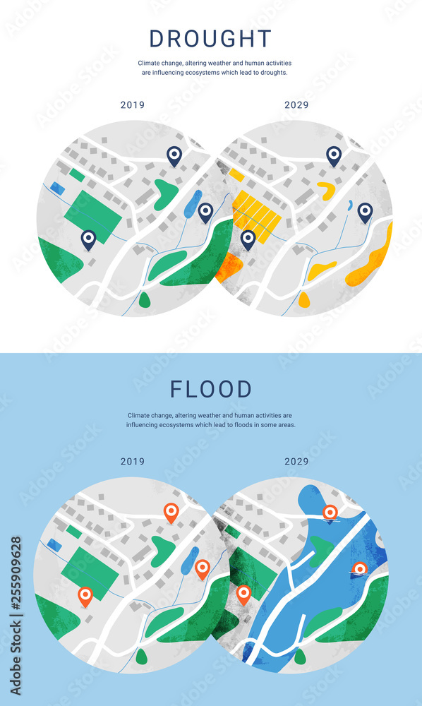Drought and Flood infographic maps. Modern flat design vector ...