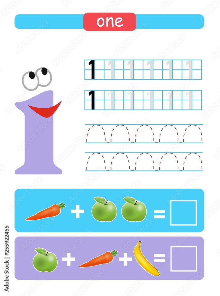 Printable worksheet for kindergarten and preschool. Learning numbers. One Stock Vector | Adobe Stock
