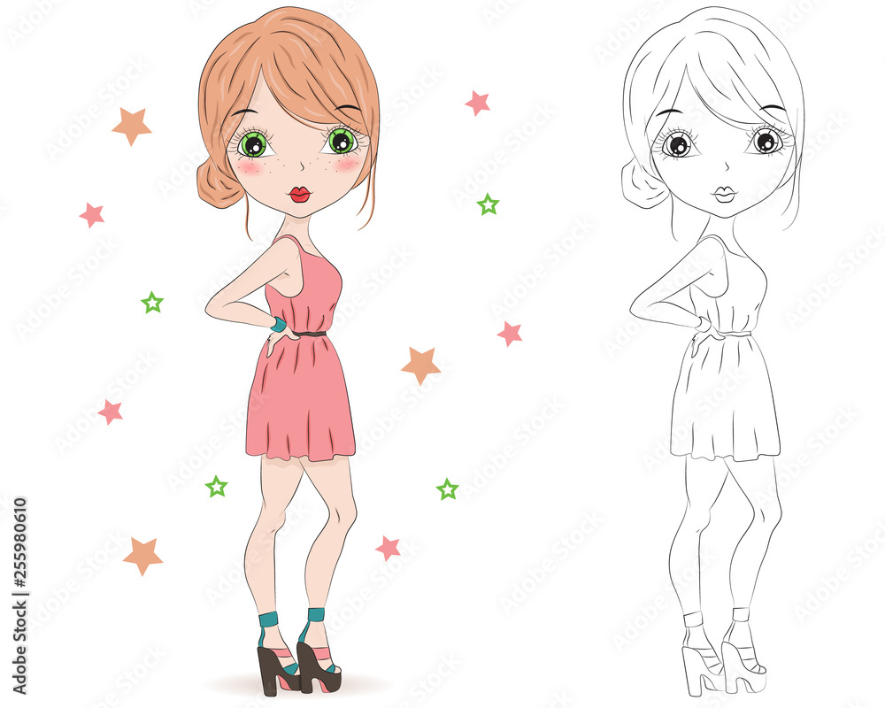 Set of hand drawn beautiful cute fashion girls on white background ...