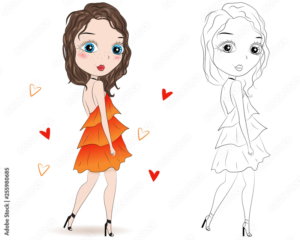 Set of hand drawn beautiful cute fashion girls on white background ...
